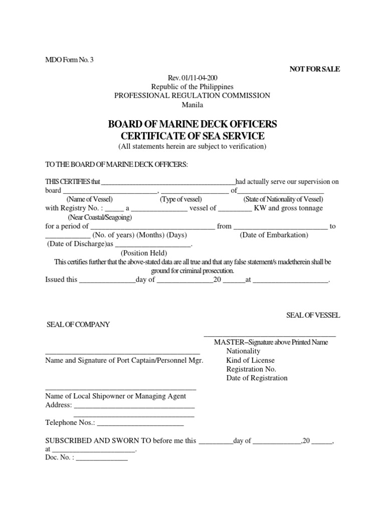 Board of Marine Deck Officers Certificate of Sea Service | PDF | Water ...