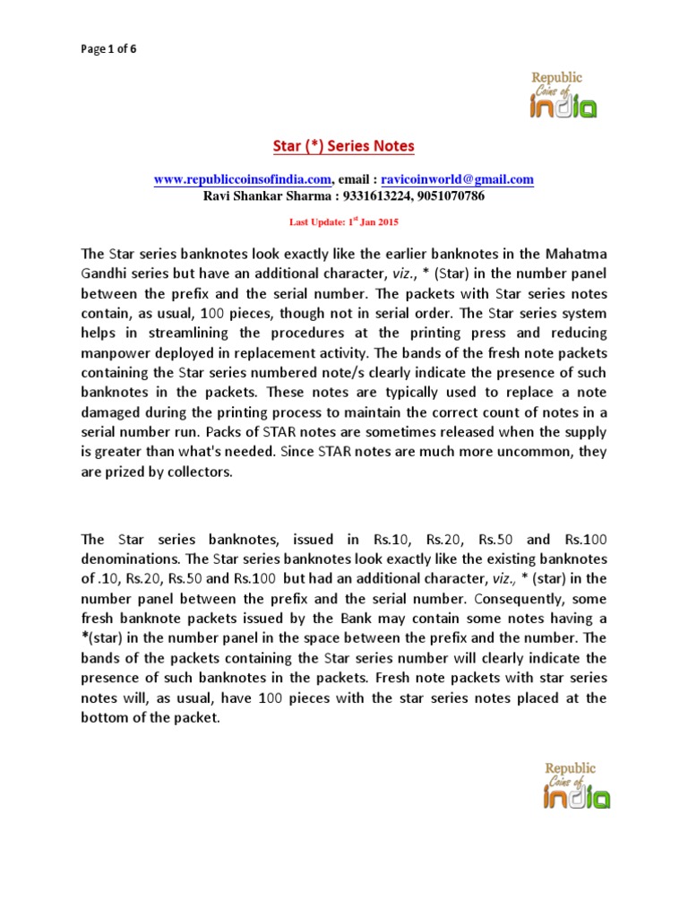 Star ( ) Series Notes:, Email: Ravi Shankar Sharma: 9331613224 ...