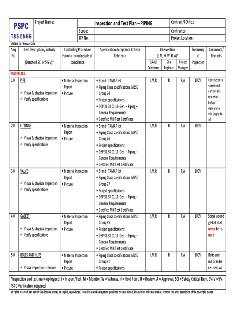 ITP - Piping | PDF | Specification (Technical Standard ...