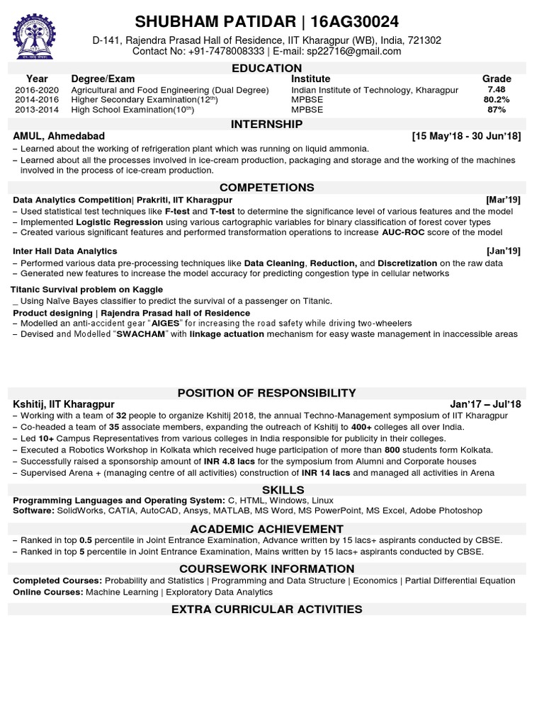 IIT Kharagpur Student Résumé | PDF | Statistical Classification