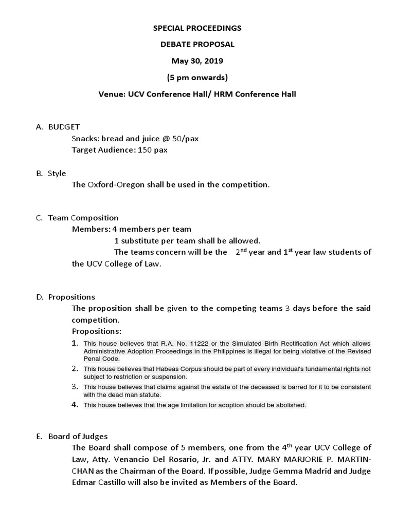 Special Proceedings Debate Proposal May 30, 2019 (5 PM Onwards) Venue ...