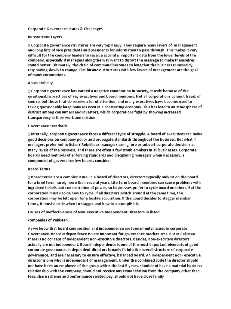 Corporate Governance Issues & Challenges | PDF | Audit | Board Of Directors