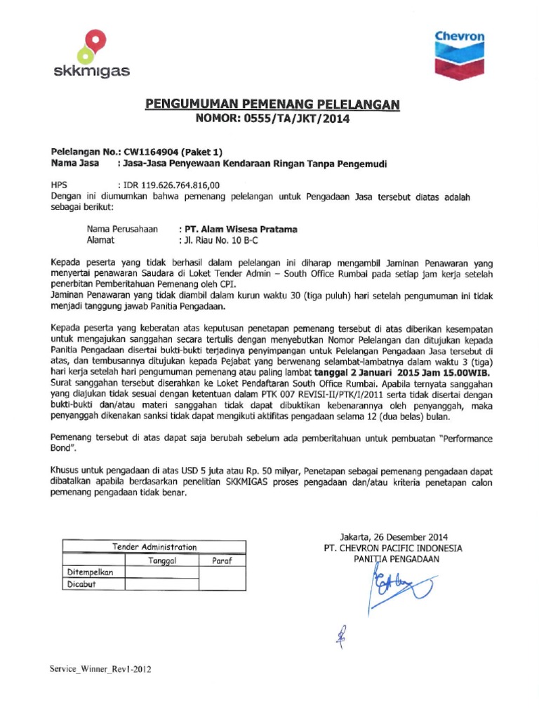 Pengumuman Pemenang Lelang | PDF