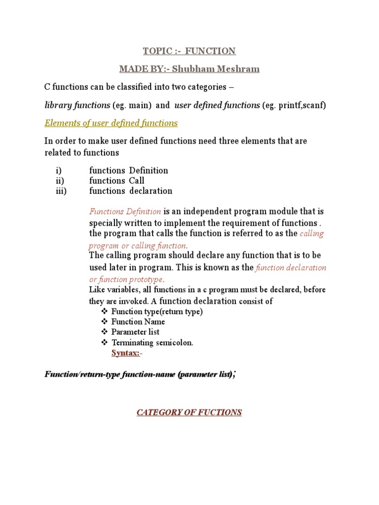 Library Functions (Eg. Main) and User Defined Functions (Eg. Printf, Scanf) | PDF | Parameter ...