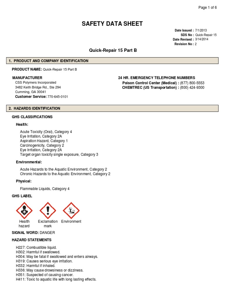 Safety Data Sheet: Quick-Repair 15 Part B | Download Free PDF ...