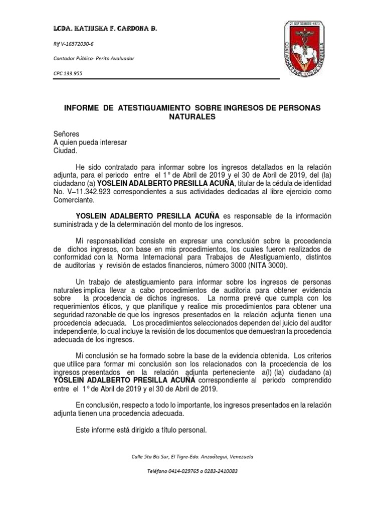 Modelo de Certificación de Ingresos PN | PDF | Contador | Venezuela