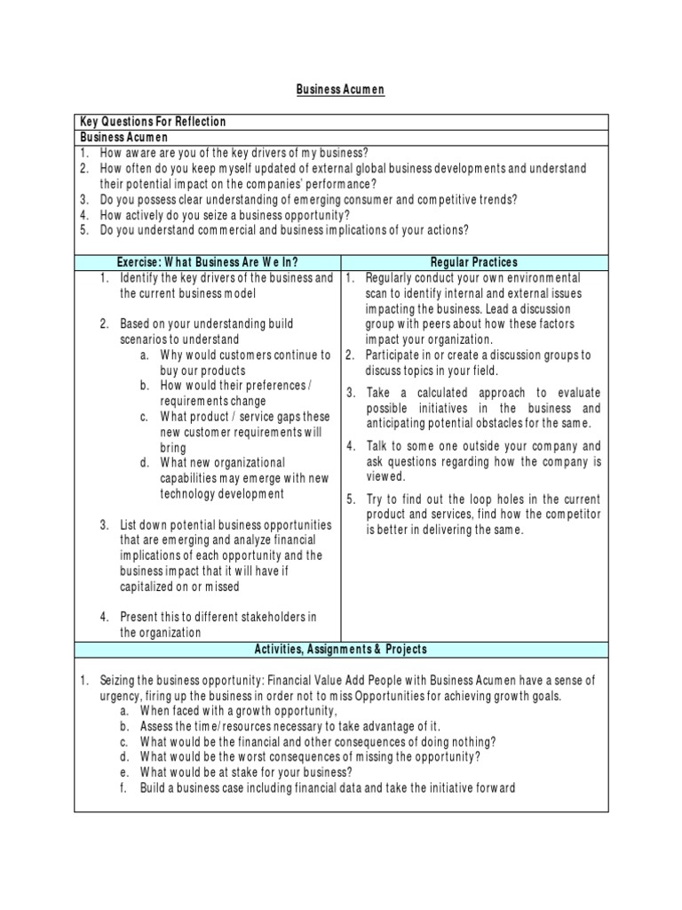 Understanding Business Acumen: Key Questions, Exercises, and Activities ...