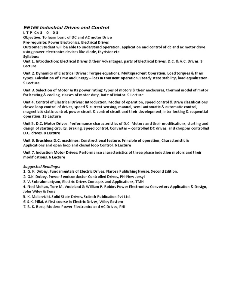 EE155 Industrial Drives and Control: Suggested Readings | PDF