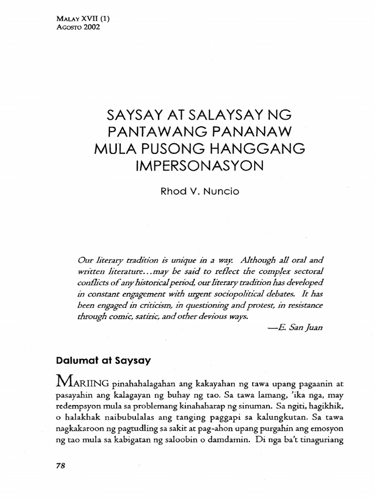 Saysay at Salaysay NG Pantawang Pananaw Mula Pusong Hanggang ...