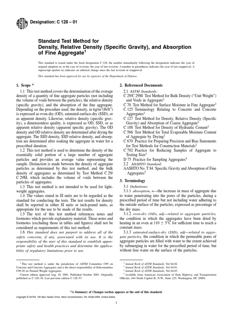 Astm C 128 PDF | PDF | Density | Porosity