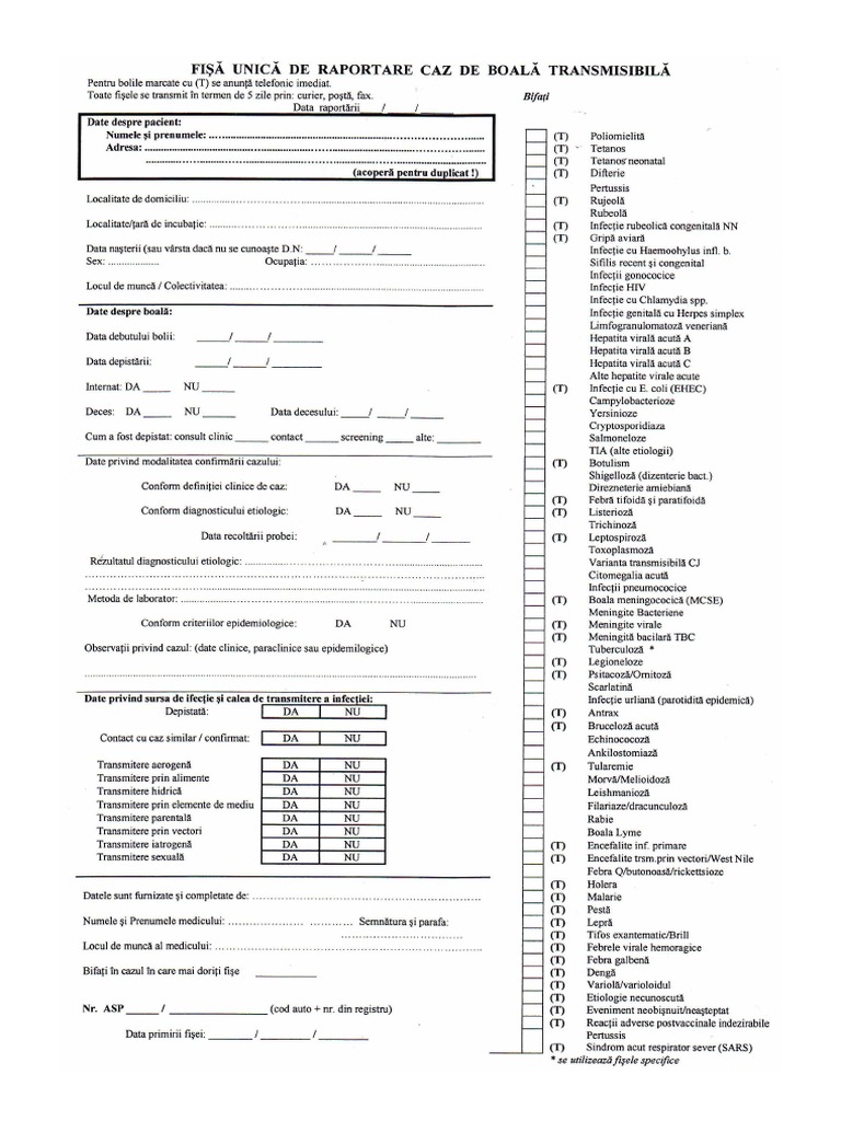 Fisa Raportare Boli Transmisibile | PDF