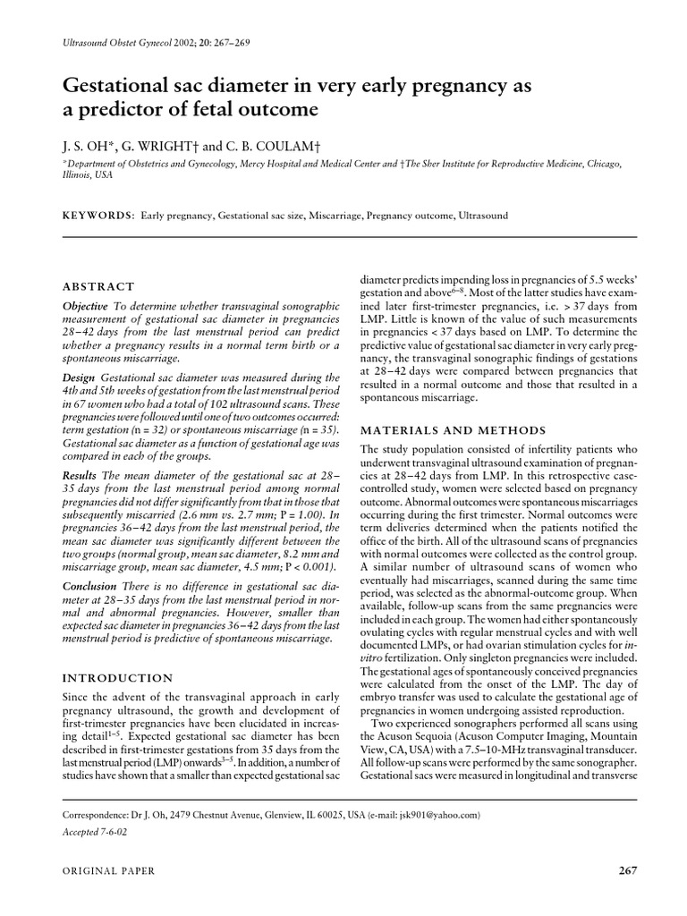 Early Pregnancy Sac Size and Outcomes | PDF | Miscarriage | Pregnancy