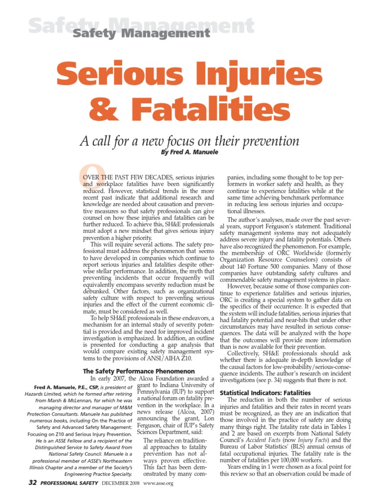 Serious Injuries & Fatalities: Safety Management | PDF | Risk ...