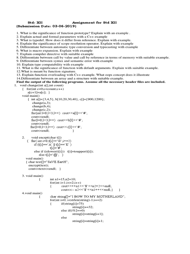 Std Xii Assignment For Std Xii Submission Date 03 06 2019 Pdf Array Data Structure