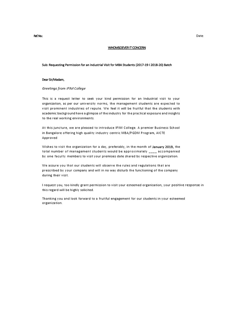 Request Letter For Industrial Visit | PDF