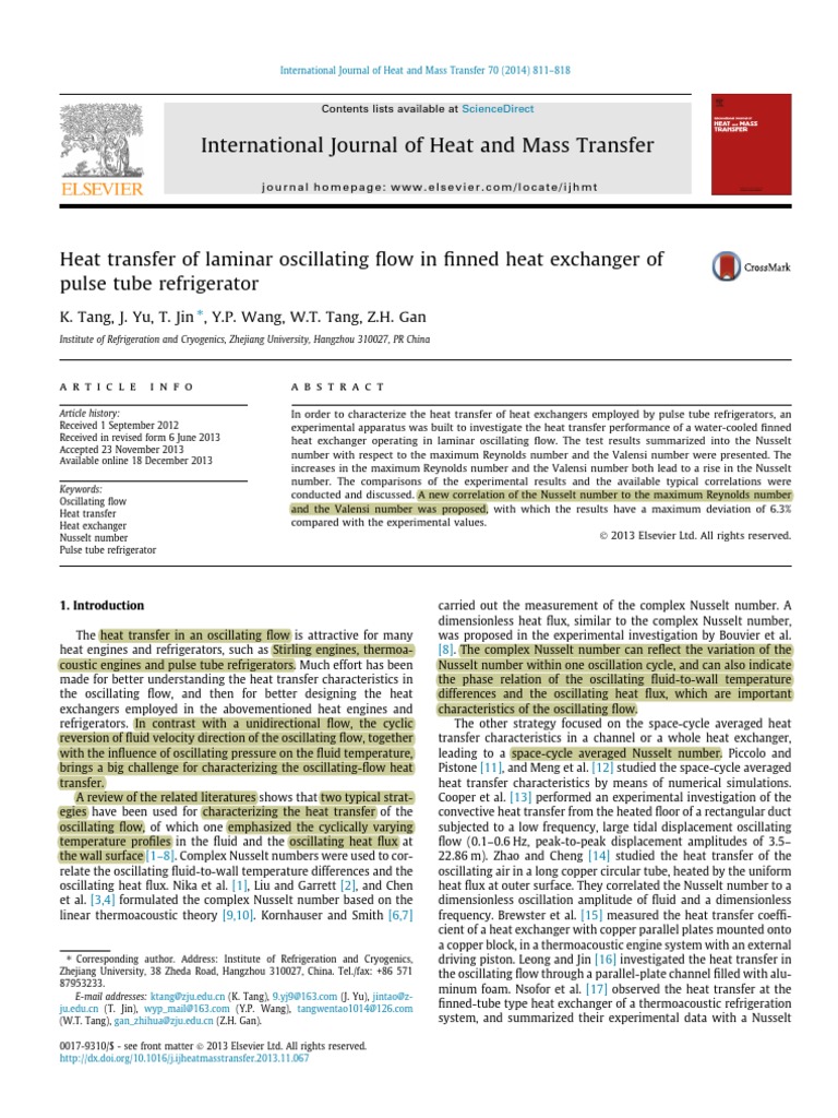 2014 K Tang Heat Transfer of Laminar Oscillating Flow in Finned Heat ...