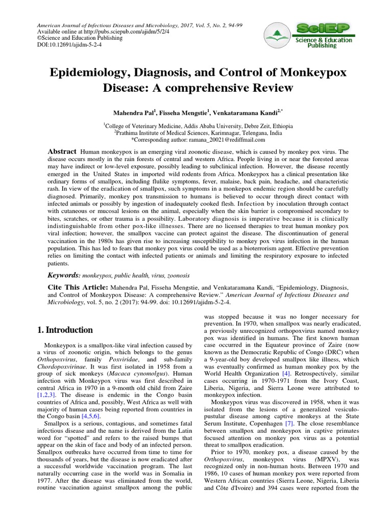 Epidemiology Diagnosis and Control of Monkeypox Disease A Comprehensive ...