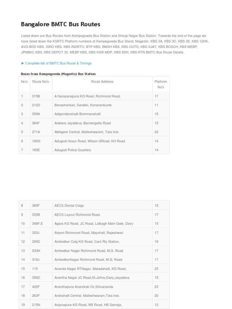 BMTC Bus Routes and Timings in Bangalore | PDF | Transport | Bus Transport