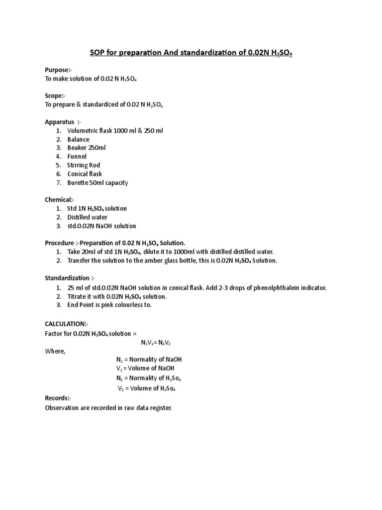 Preparation of 0.02N H2SO4 SOP | PDF