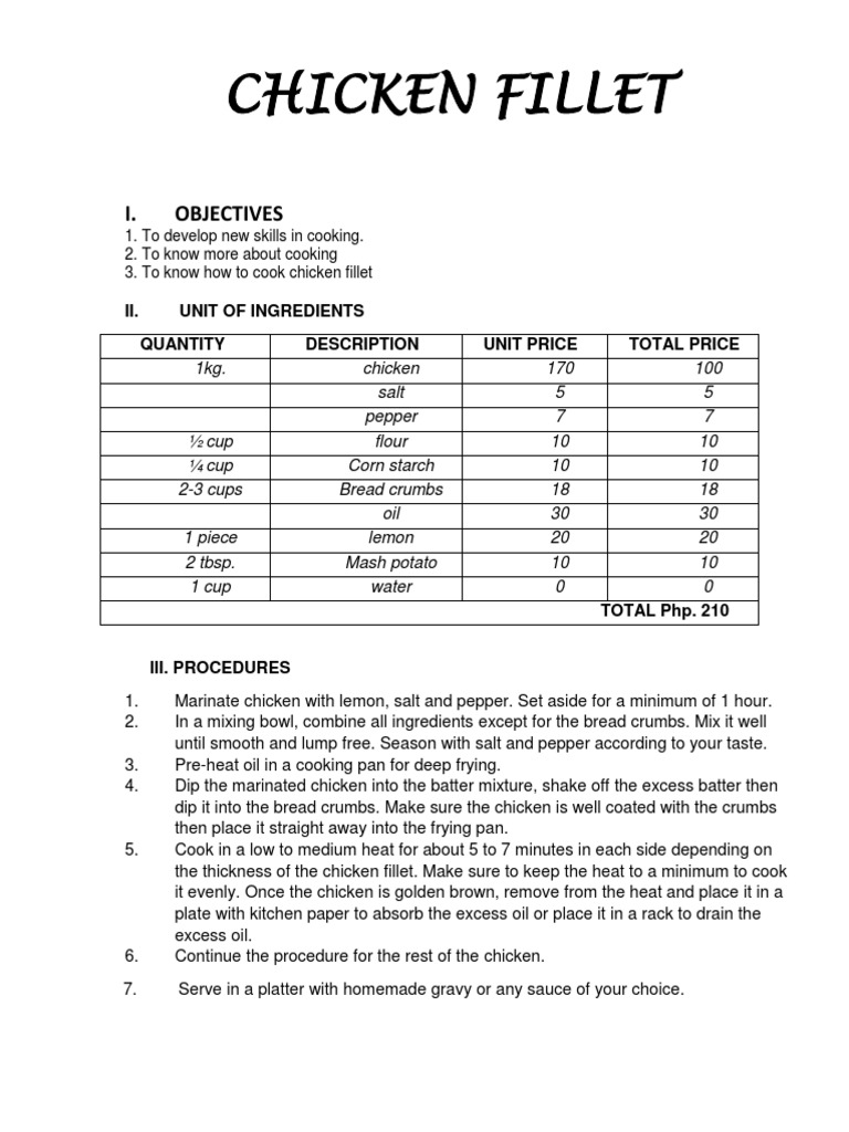 Chicken Fillet Cooking Procedure | PDF