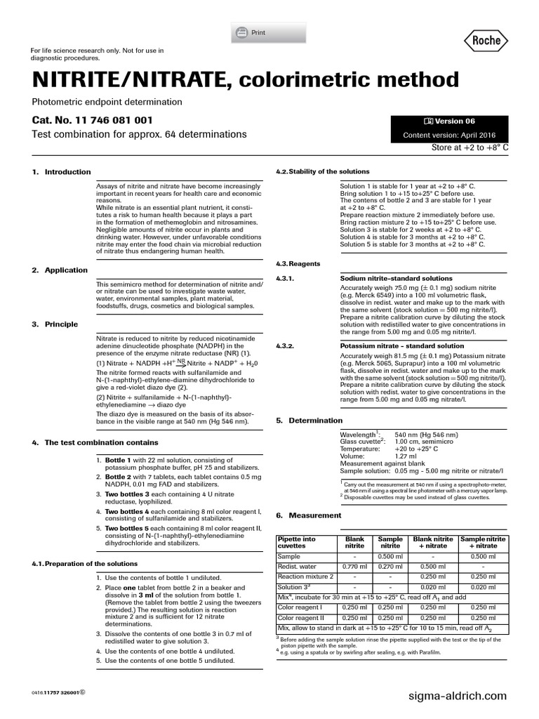 NITRITE/NITRATE, Colorimetric Method: Cat. No. 11 746 081 001 | PDF ...