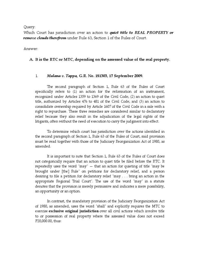 Jurisdiction for Quiet Title Actions | PDF | Declaratory Judgment | Lawsuit