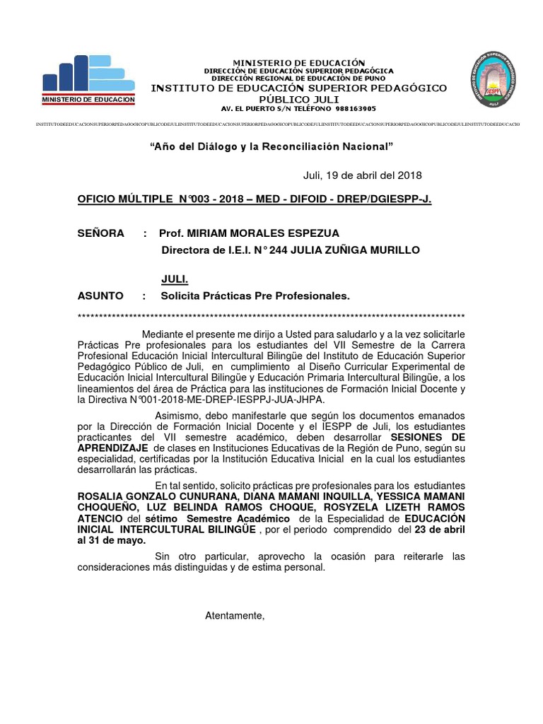 OFICIO Practicas Inicial VII | PDF | Educación de la primera infancia ...