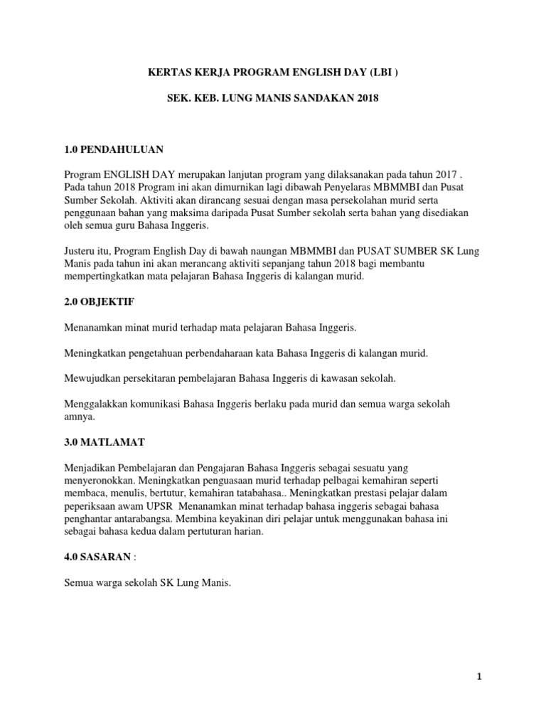 Kertas Kerja Program English Day MBMMBI 2018 | PDF