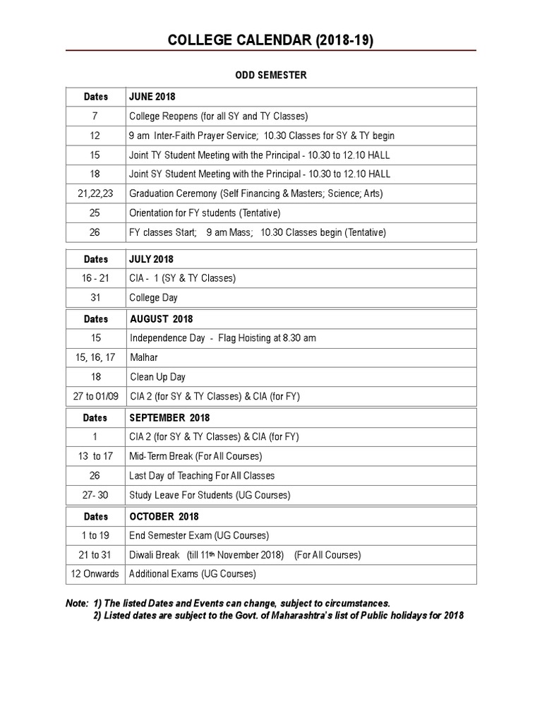 2018-19 College Academic Calendar | PDF | Academic Term | Bachelor Of ...
