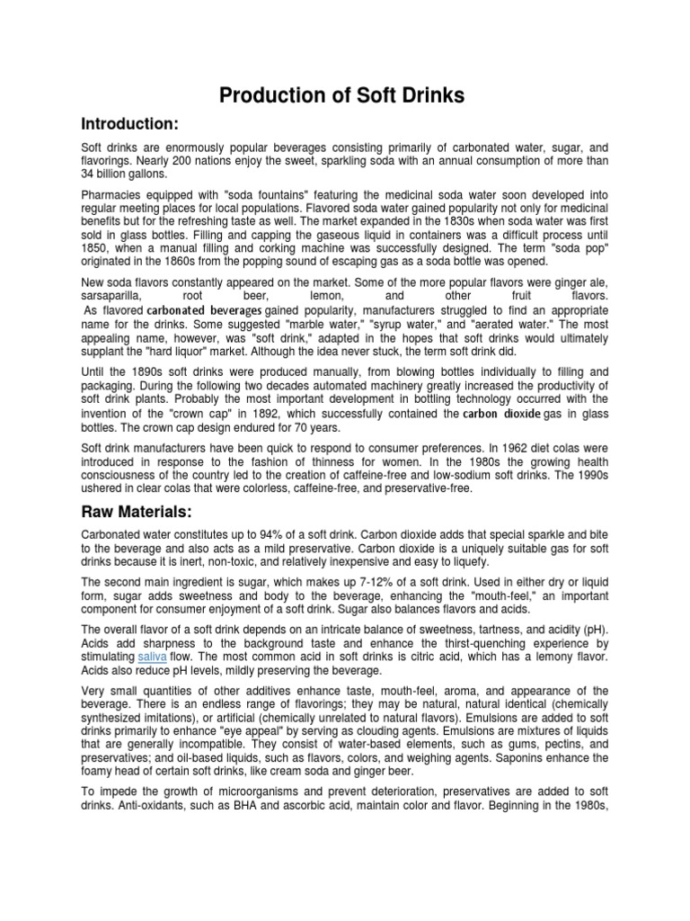 Production of Soft Drinks | PDF | Carbonated Water | Soft Drink