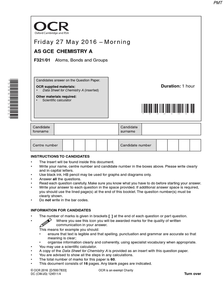 June 2016 QP - Unit 1 OCR Chemistry A-Level | PDF | Chlorine | Magnesium June 2016 QP - Unit 1 OCR Chemistry A-Level | PDF | Chlorine | Magnesium