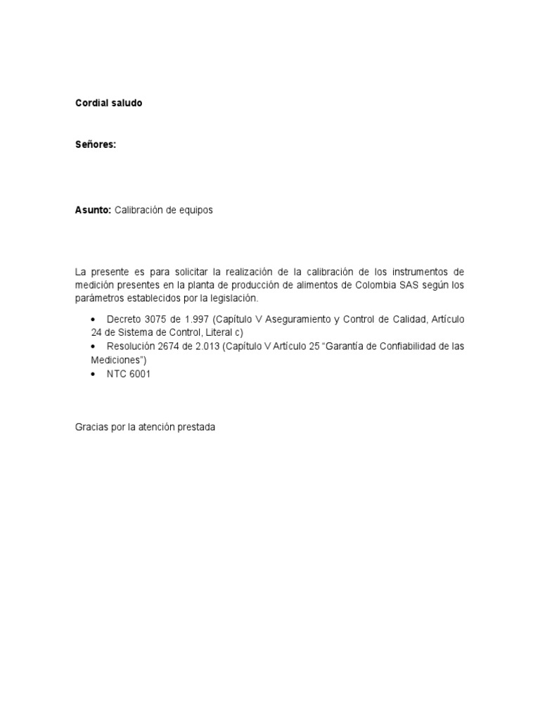 Carta de Solicitud de Calibracion | PDF