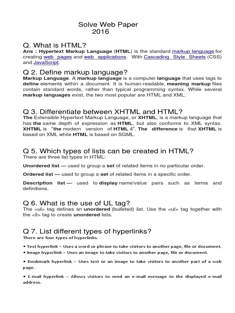 Solve Web Paper 2016 Q. What Is HTML?: Markup Language Web Pages Web Applications Cascading ...