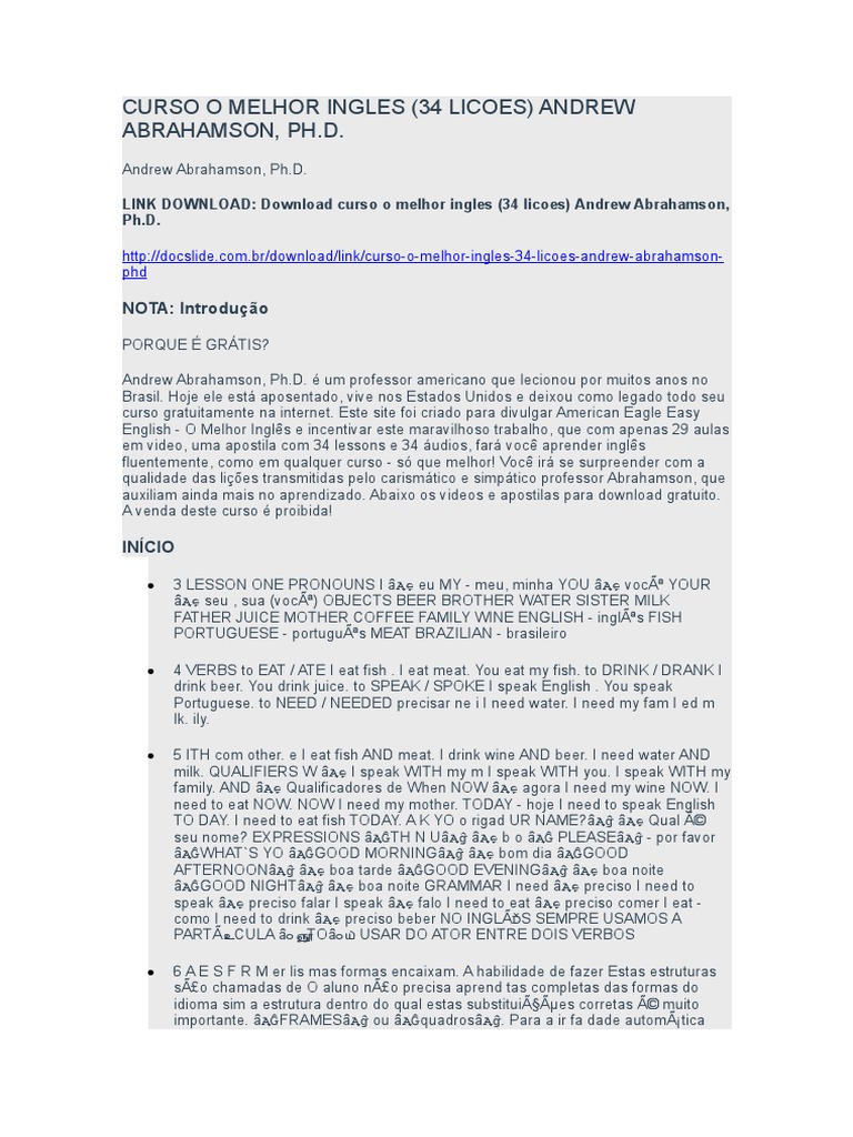 Curso o Melhor Ingles (34 Licoes) Andrew Abrahamson, PH.D | PDF ...
