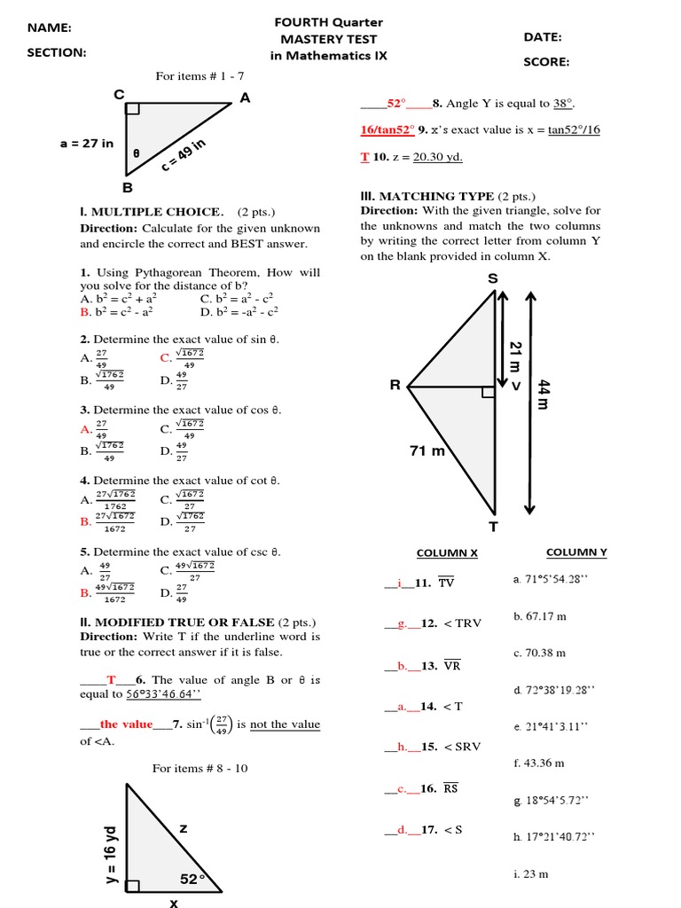 ANSWER KEY For Grade 9 Mastery Test | PDF | Sine | Triangle