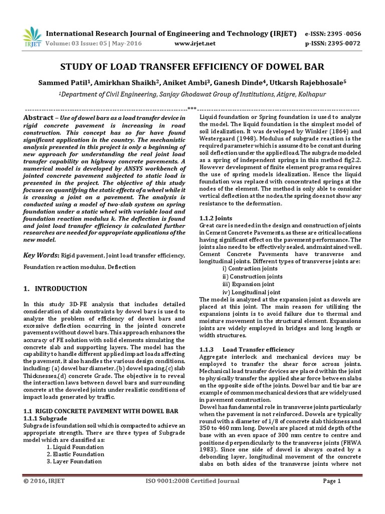 Load Transfer Efficiency of Dowel Bar PDF | PDF | Road Surface | Concrete