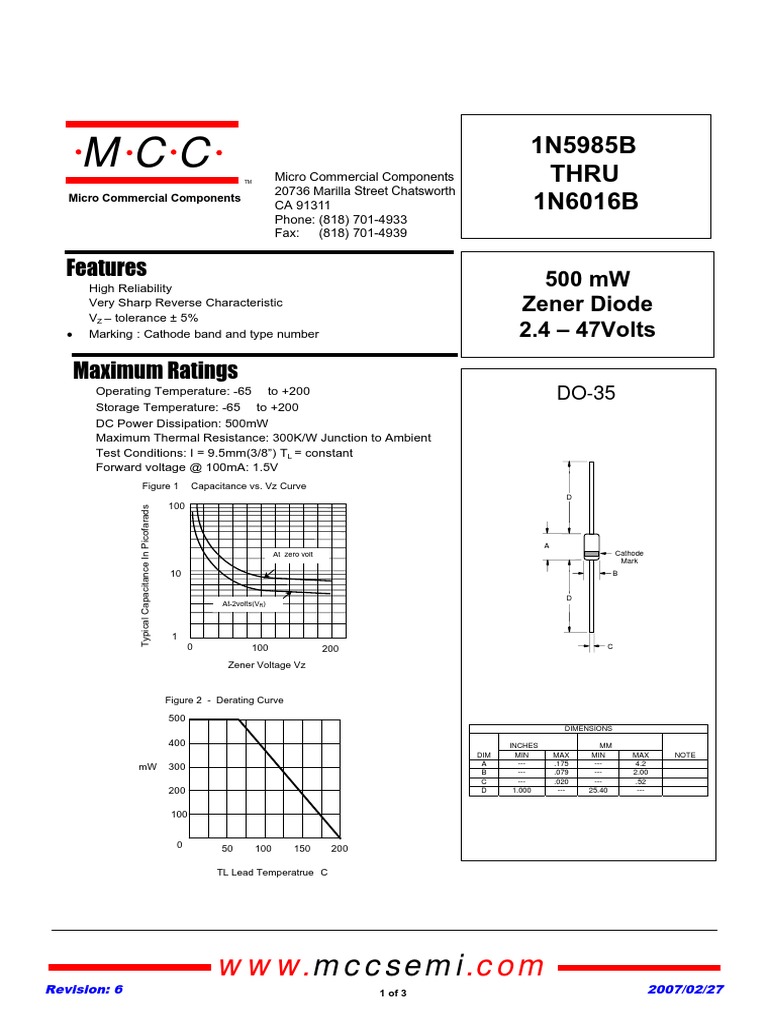 Mccsemi: 1N5985B Thru 1N6016B | PDF | Capacitor | Diode