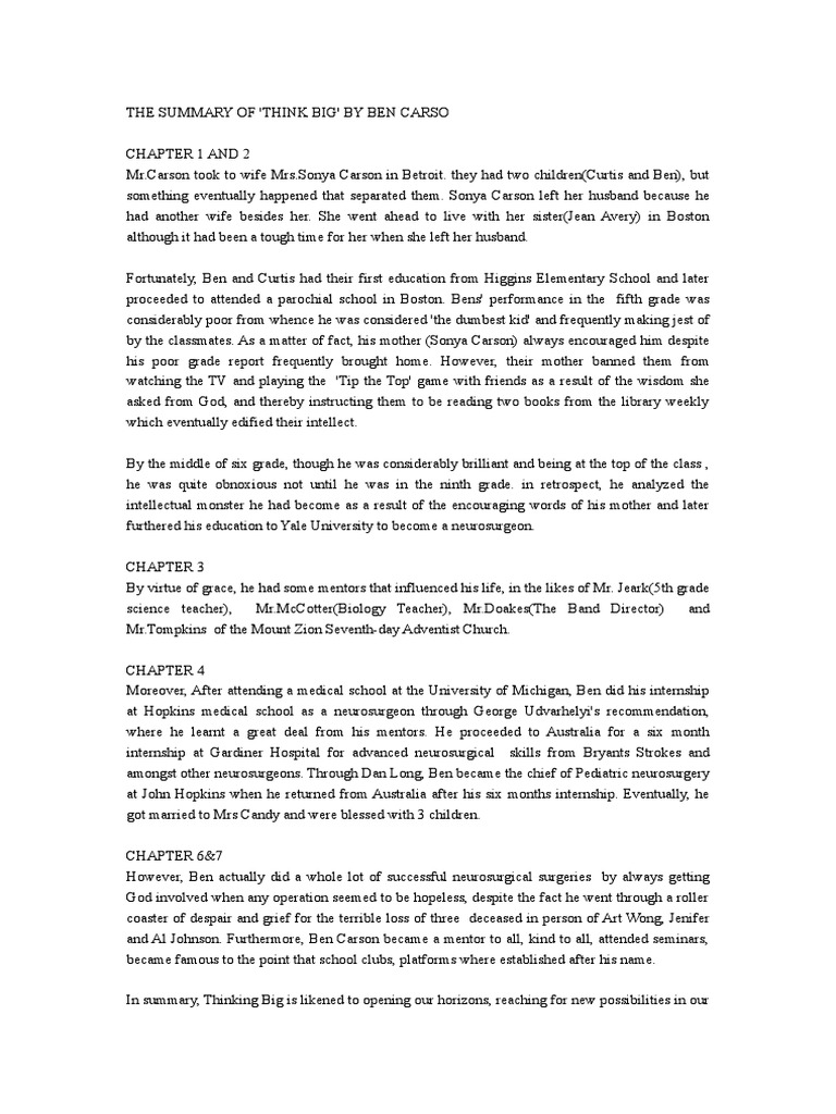 Think Big Summary | PDF | Neurosurgery | Ben Carson