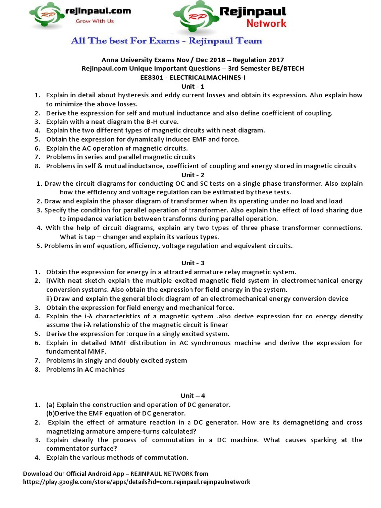 Ee8301 Em1 Iq Nov - Dec 2018 Rejinpaul | PDF | Electric Motor | Inductance