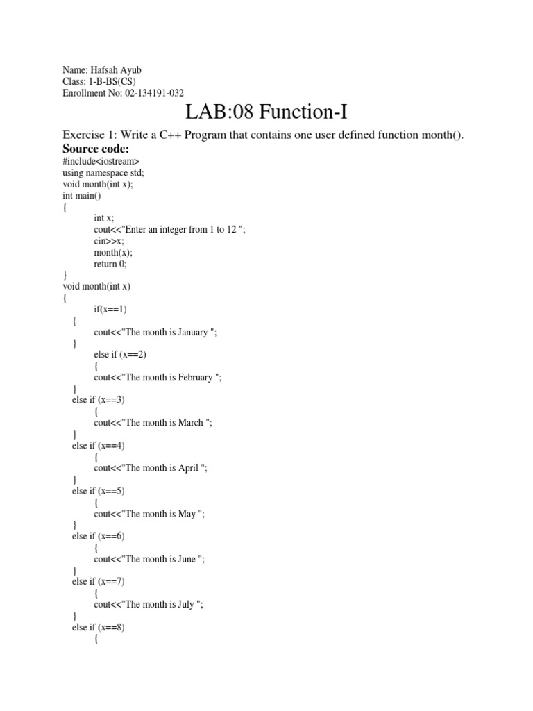 Lab08 Function I Exercise 1 Write A C Program That Contains One User Defined Function Month 