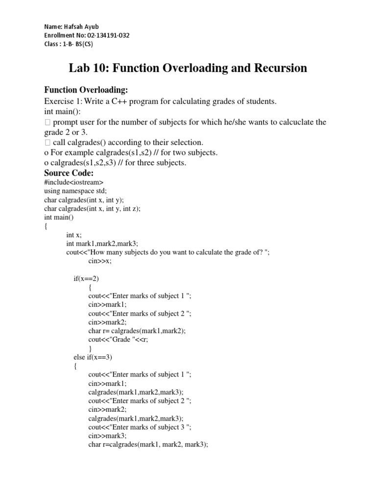Lab 10 Overloading And Recursion Pdf C Computer Programming