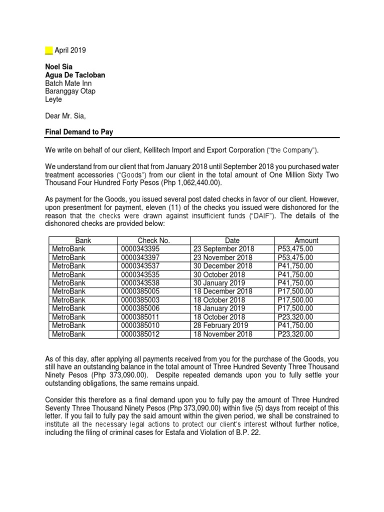 Notice of Dishonor and Demand Letter For Agua de Tacloban | PDF ...
