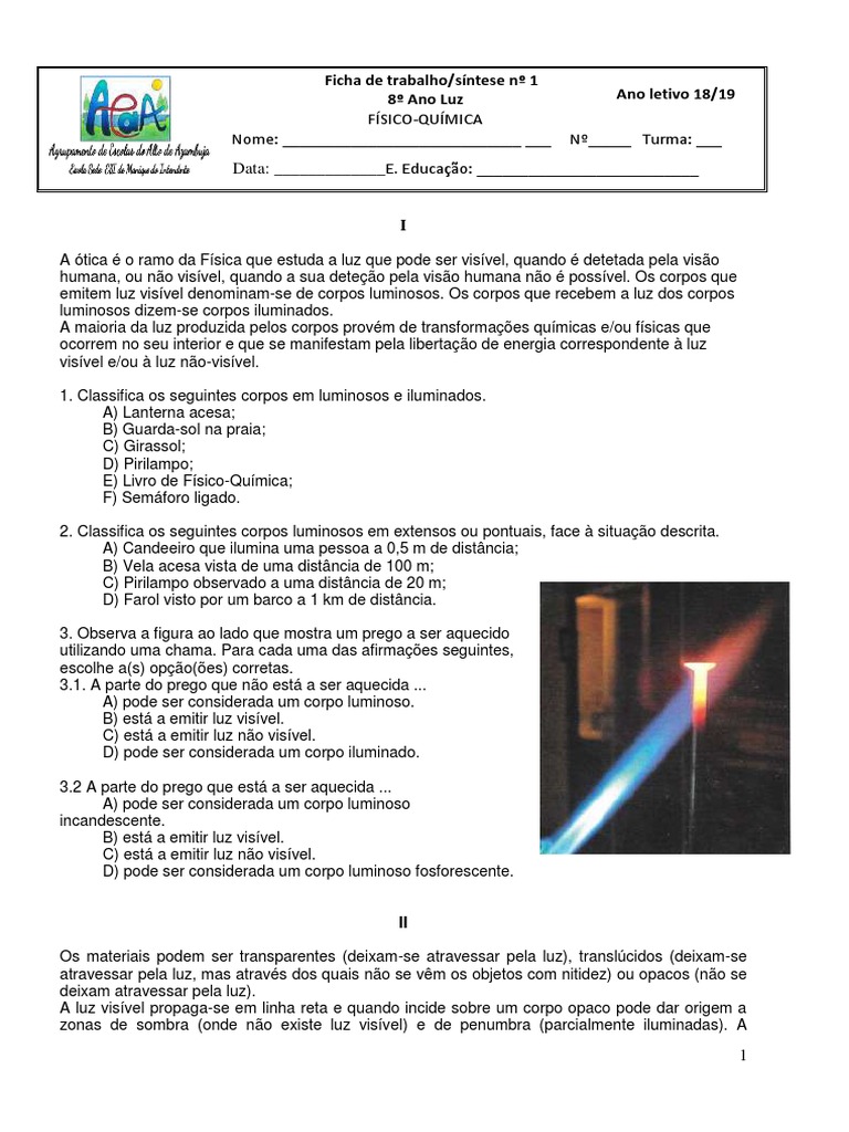 Ficha de trabalho sobre ótica: corpos luminosos, iluminados, propagação ...