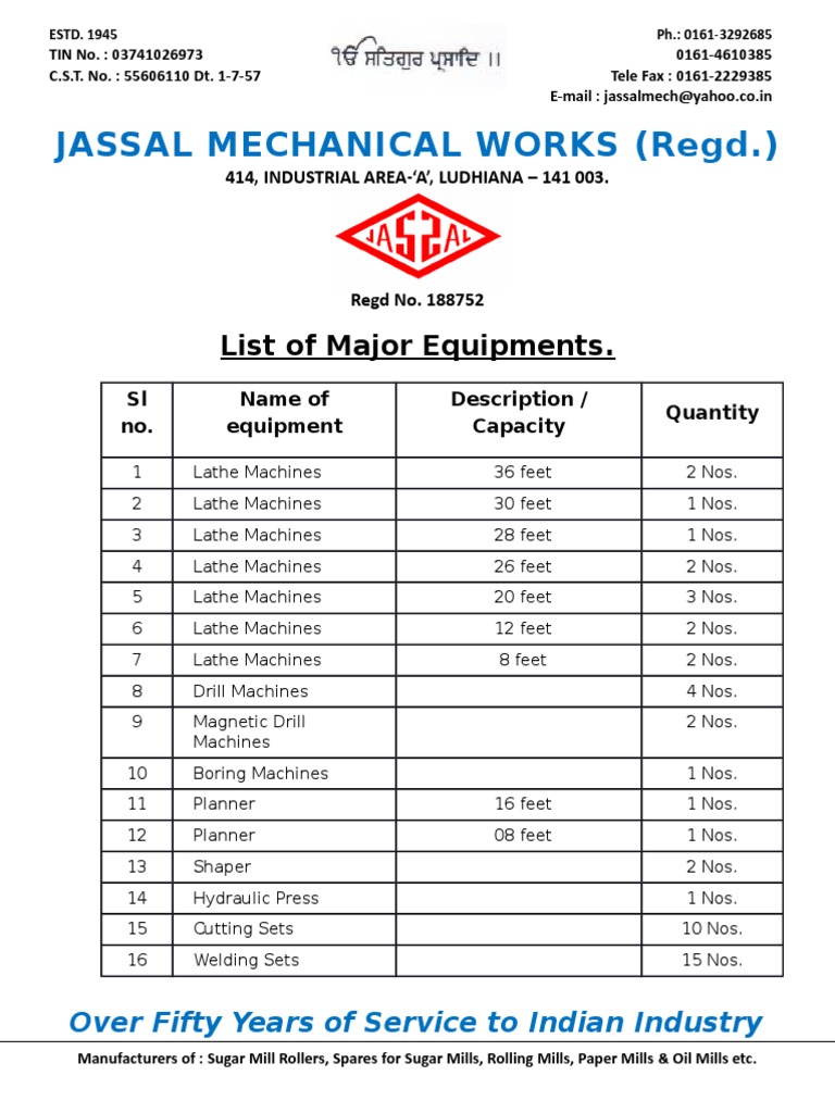 Jassal Mechanical Works (Regd.) : List of Major Equipments | PDF ...