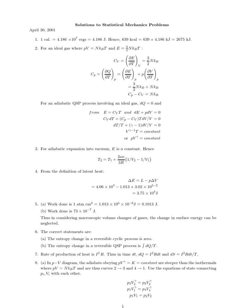 (Physics, Thermal) - Solutions To Statistical Mechanics Problems | PDF | Entropy | Gases