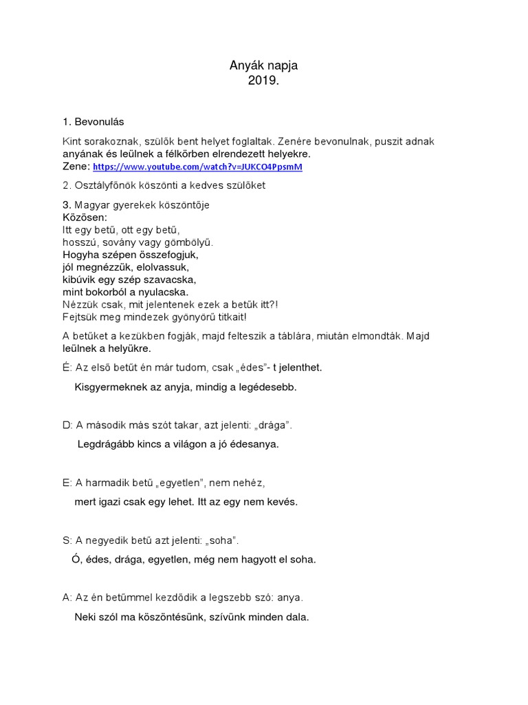 Anyák Napi Műsor, Első Osztály. | PDF