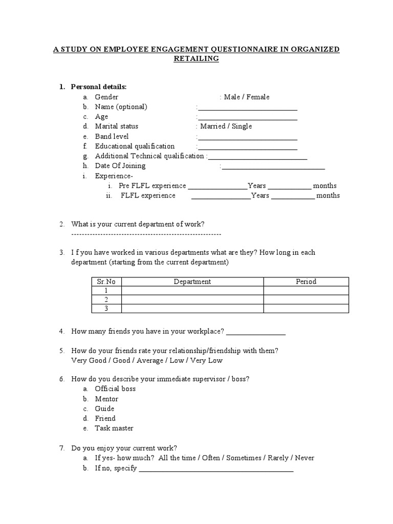 A Study On Employee Engagement Questionnaire in Organized Retailing ...