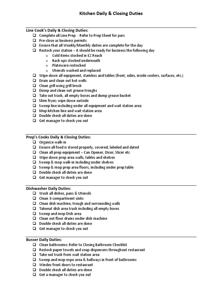 Kitchen Closing Duties 1-2018 | PDF