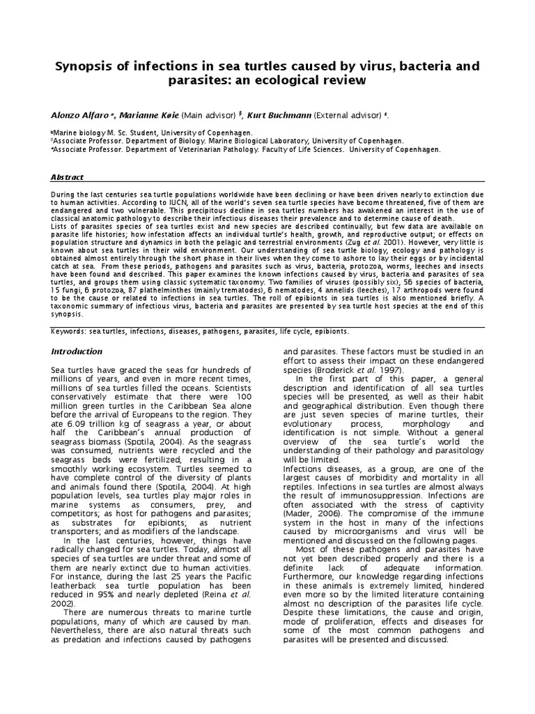 Synopsis of Infections in Sea Turtles Caused by Virus, Bacteria and ...