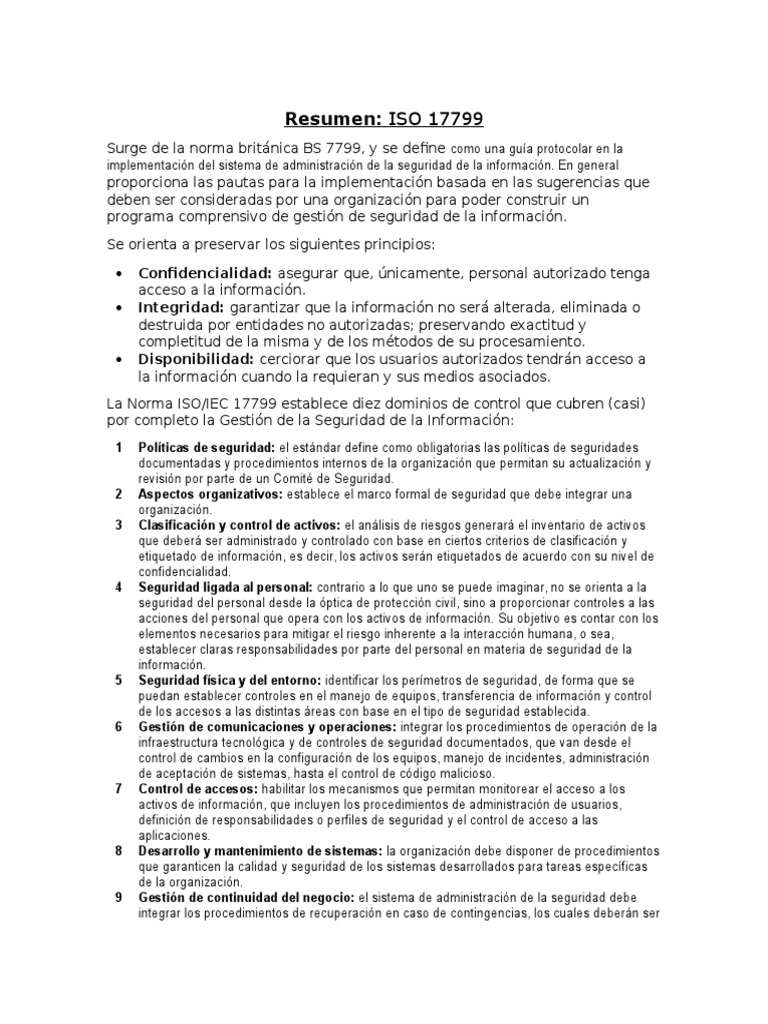 Resumen ISO 17799 | PDF | Seguridad de información | Informática